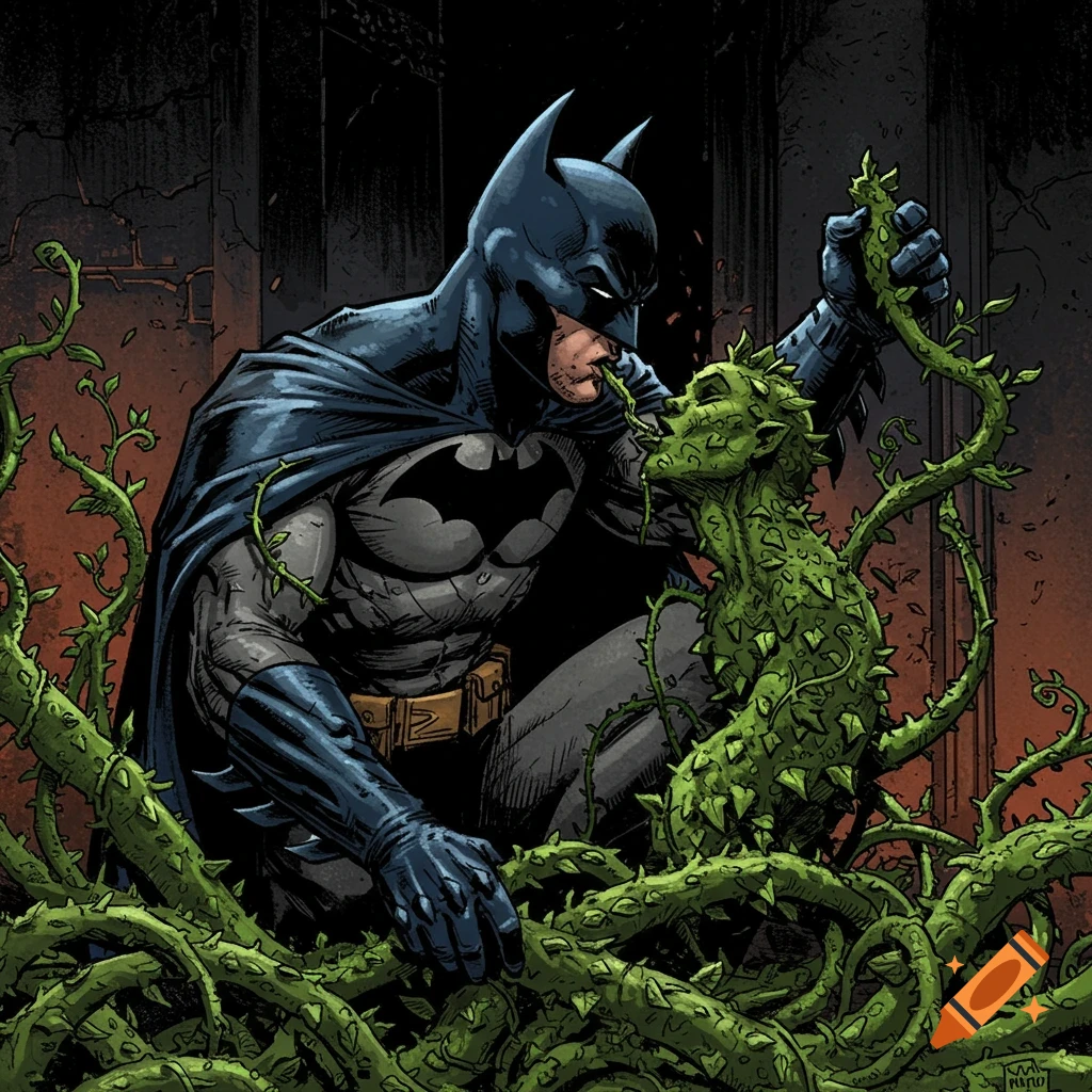 Comic book style illustration of Batman kneeling and holding the face ...