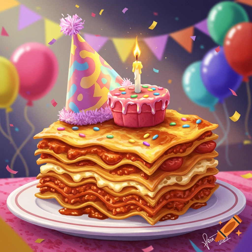 Cartoon illustration of lasagna decorated as a birthday cake with hat ...