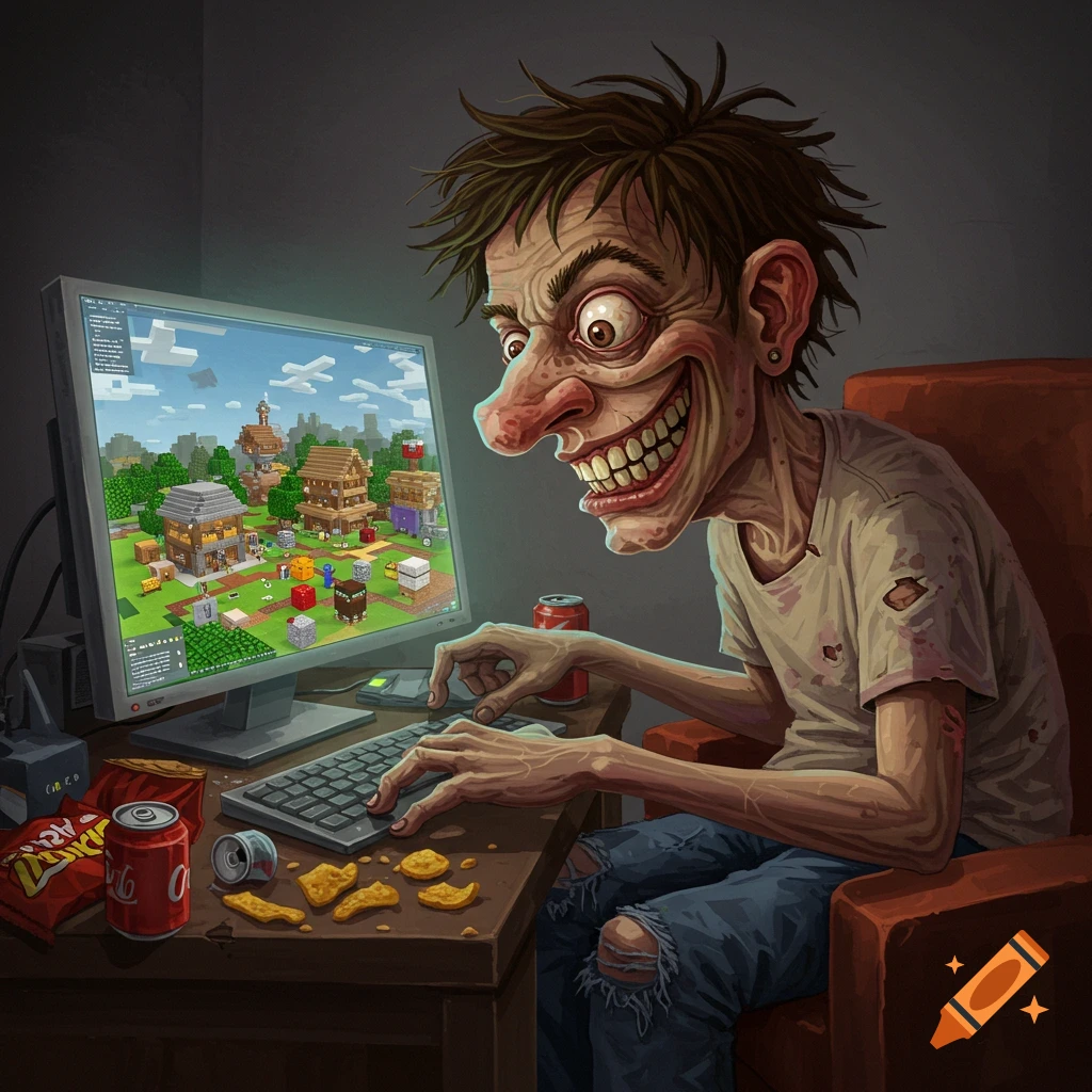 A stylized caricature of a disheveled person with exaggerated features ...