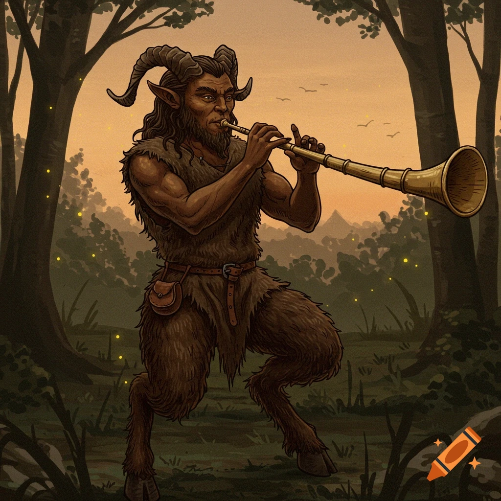 A satyr plays a long horn in a forest clearing at sunset, fantasy ...