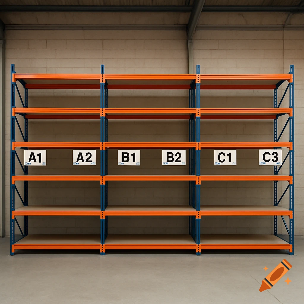Empty orange and blue warehouse shelves with labels A1, A2, B1, B2, C1 ...
