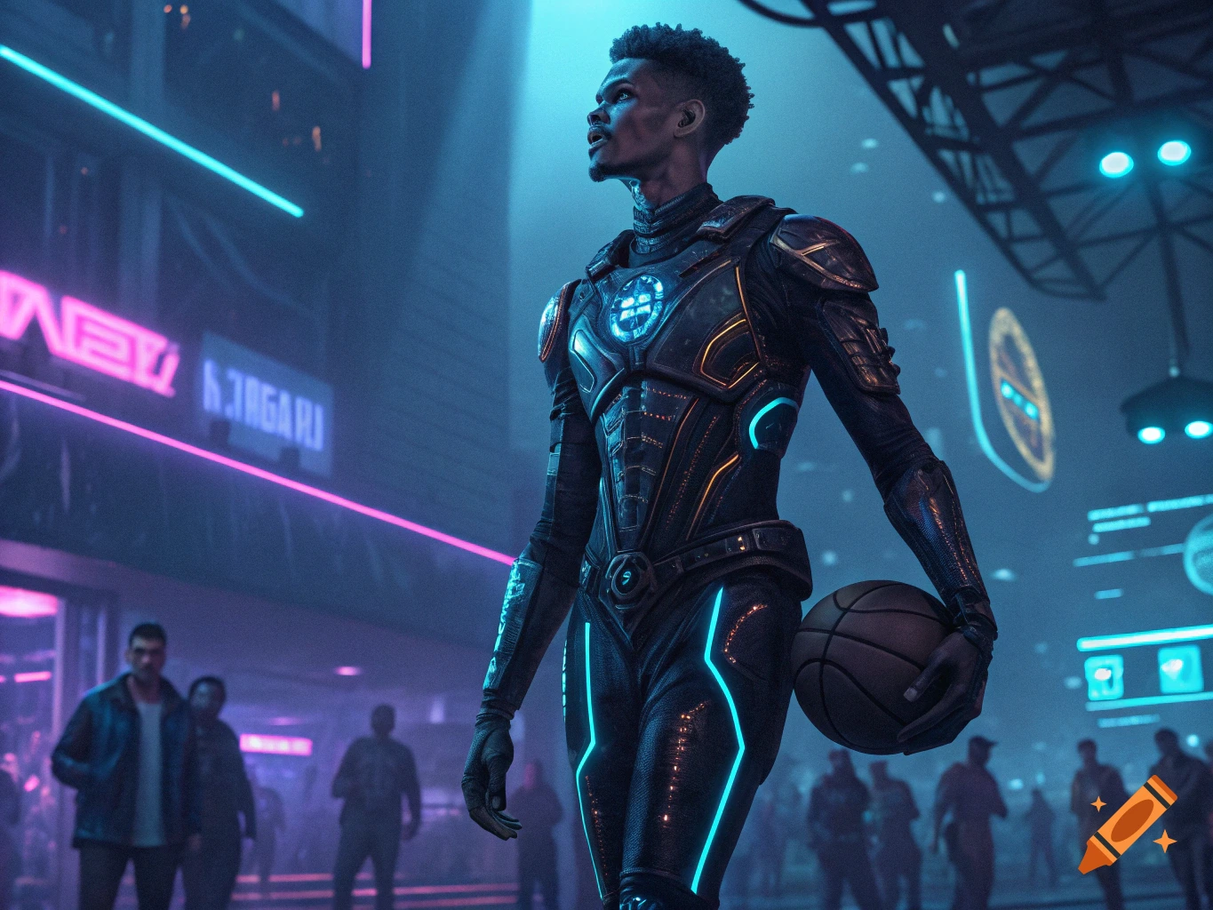 Futuristic basketball player in cybernetic gear holds a ball in a neon ...