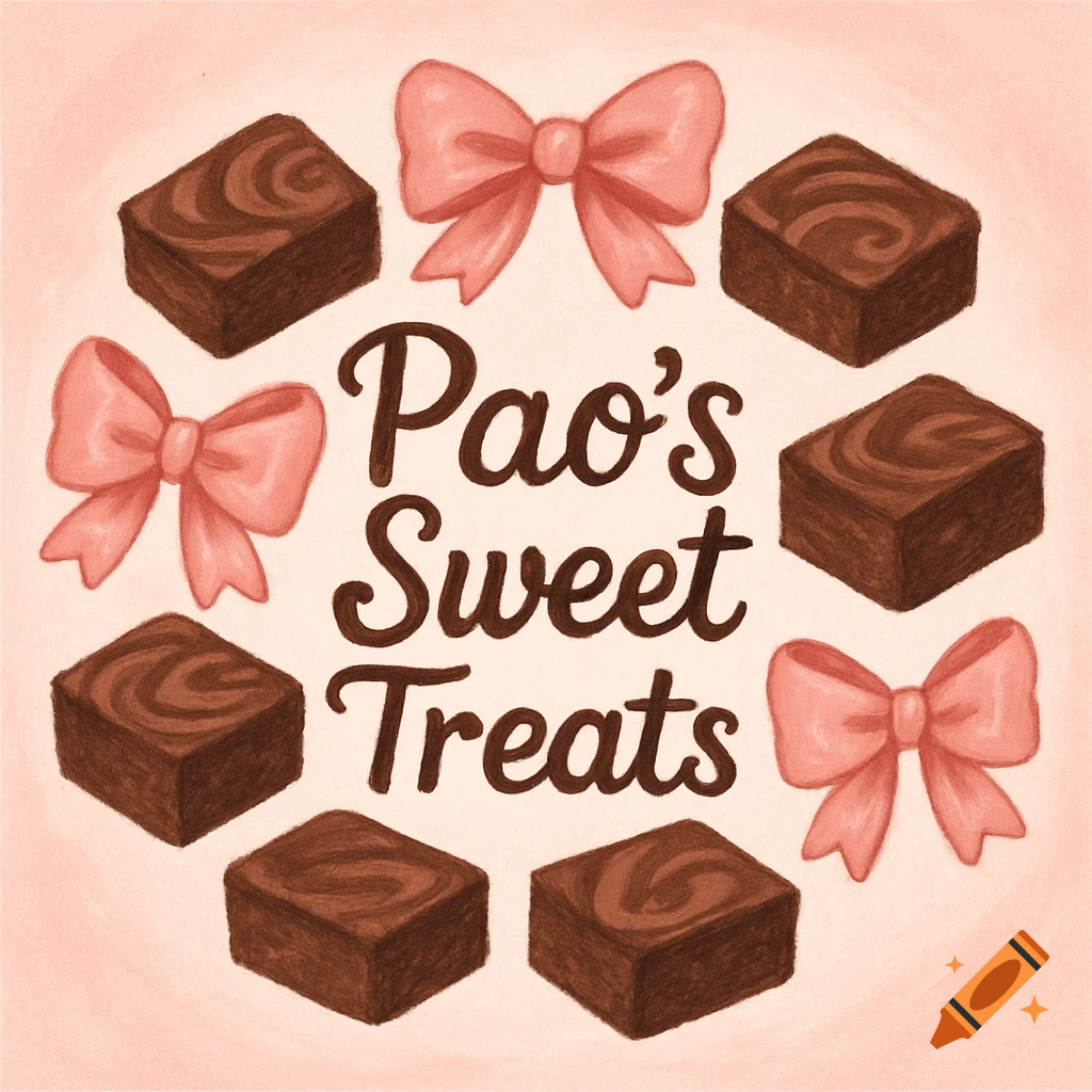 Illustration of brownie squares and pink bows around the text Pao's ...