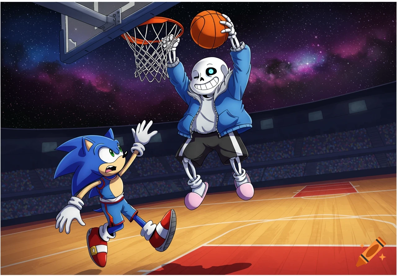 Sans the skeleton dunks a basketball over Sonic the Hedgehog on a court ...