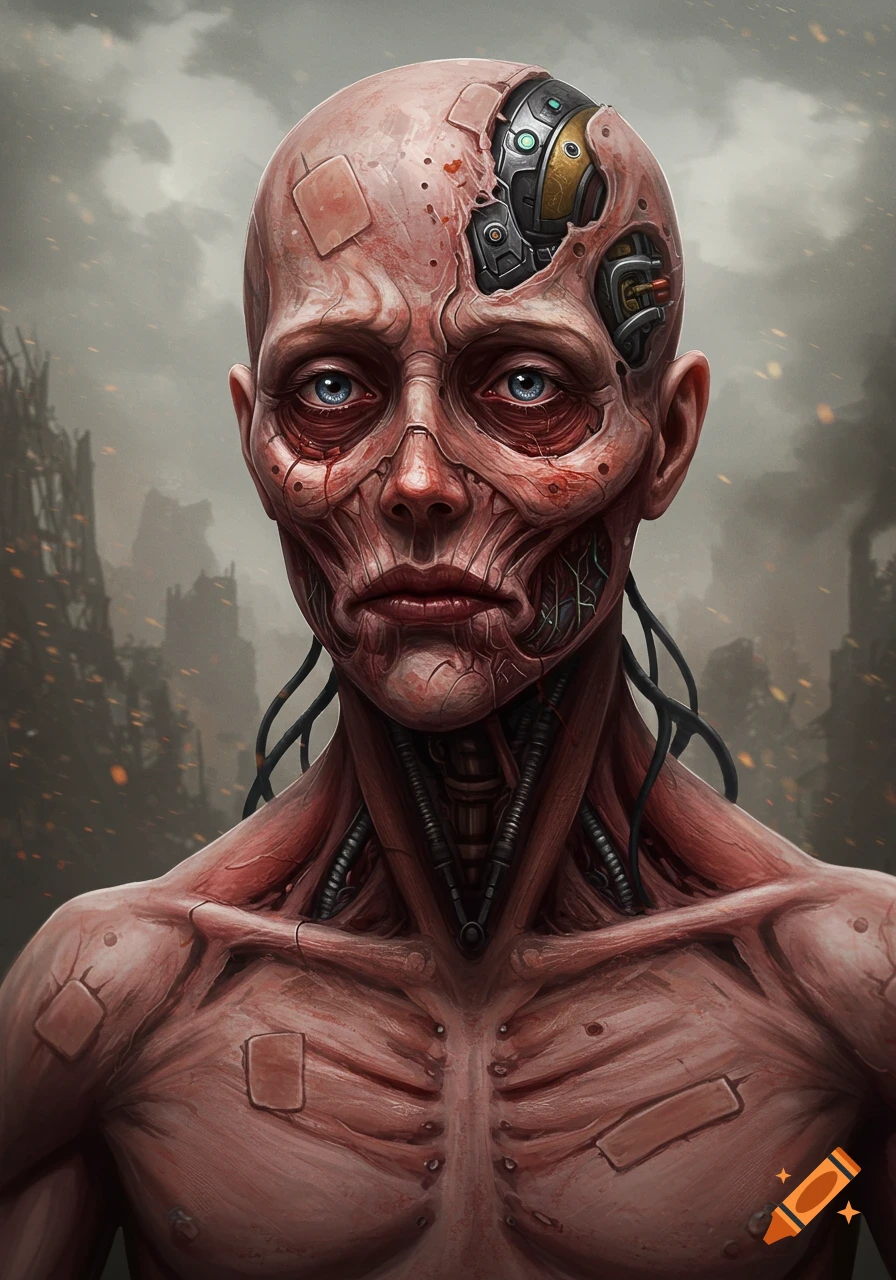 Close-up portrait of a being with torn flesh and exposed cybernetics in ...
