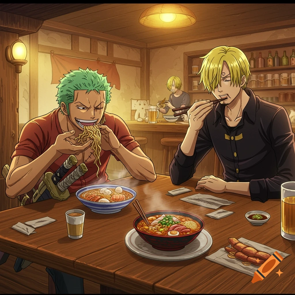 Anime style image of Zoro and Sanji eating ramen at a restaurant table ...