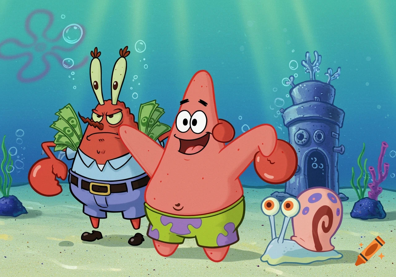 Mr. Krabs holding money, Patrick Star, and Gary the snail underwater in ...