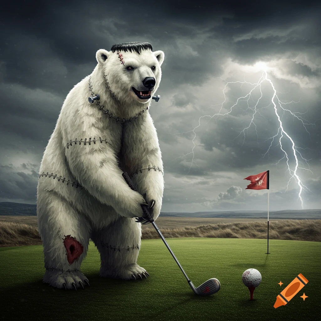A Frankenstein-like polar bear plays golf on a green under a stormy sky with lightning. on Craiyon