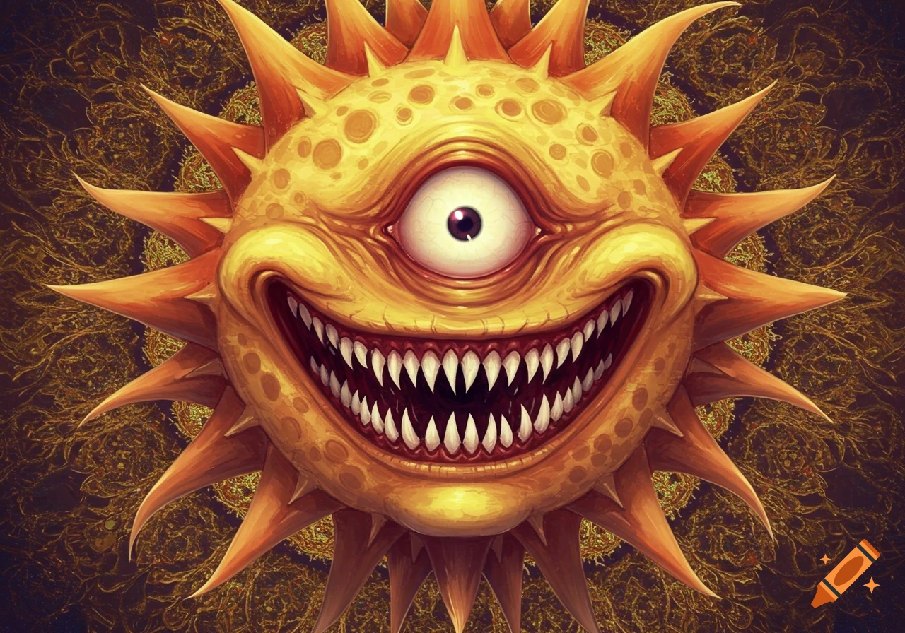 A weirdcore style illustration of a one-eyed sun monster with many ...