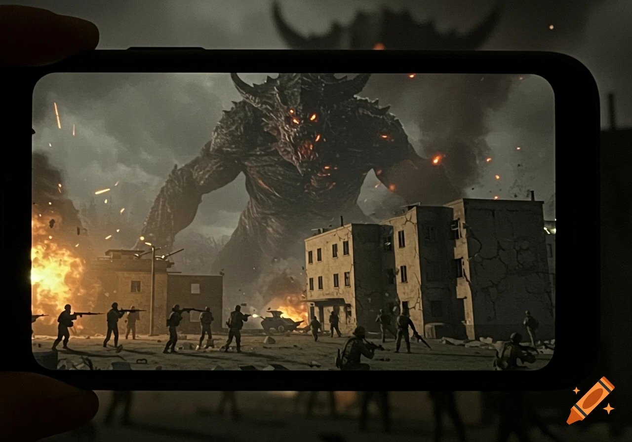 Giant demon monster attacks a military base, with soldiers fighting and ...