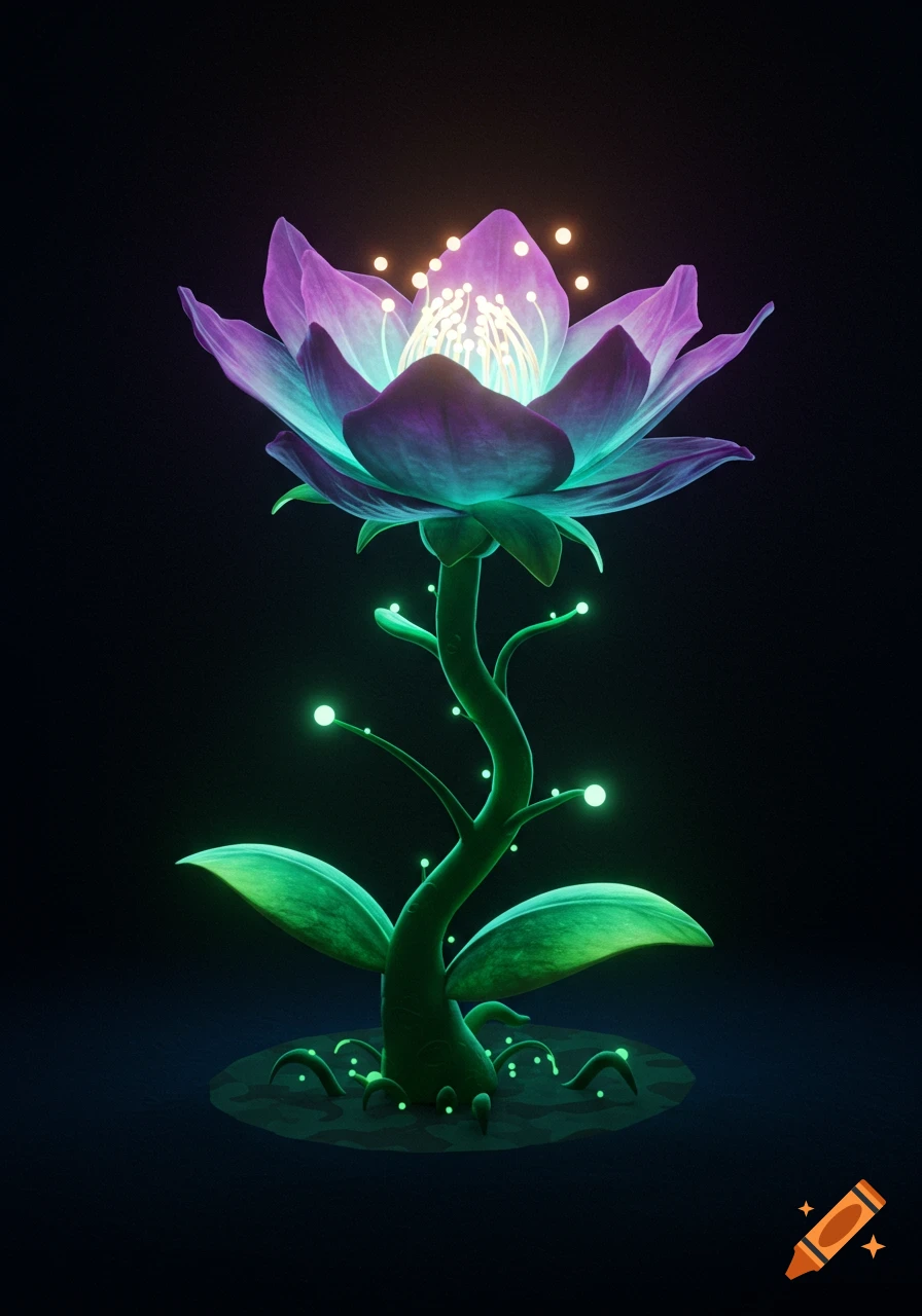 A glowing purple and green fantasy flower on a dark background, 3D render on Craiyon