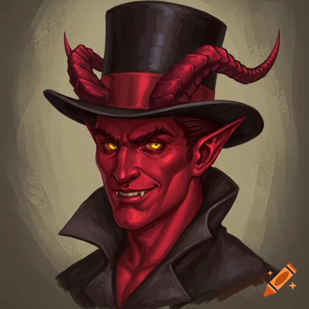 Portrait of a red-skinned Tiefling in a top hat, smirking. Digital ...