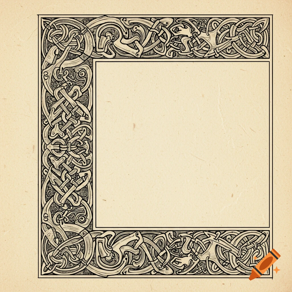 A black and white drawing of an ornate Germanic/Celtic style border ...