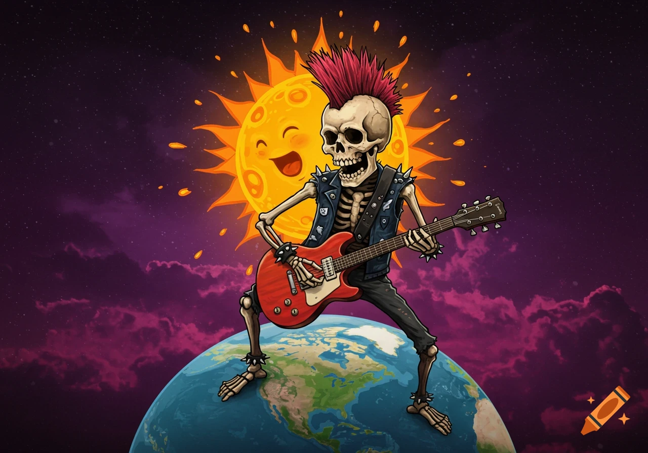 Cartoon punk rock skeleton playing an electric guitar while standing on ...
