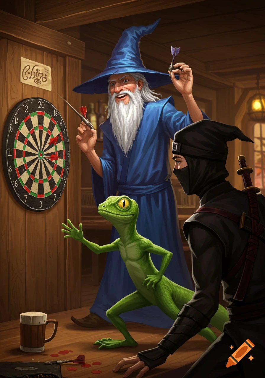 A wizard, a lizard, and a ninja play darts in a tavern. on Craiyon