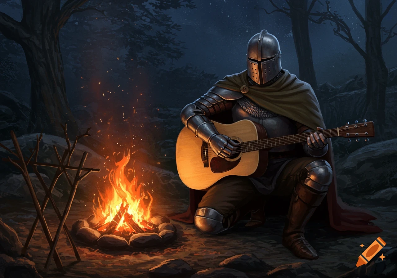 A knight in armor plays a guitar by a campfire at night in a forest. on ...
