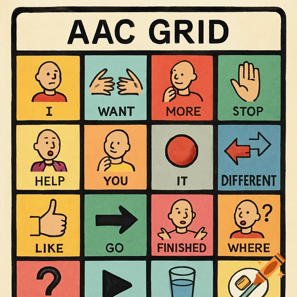 Illustration of an AAC communication grid with symbol pictures and word ...