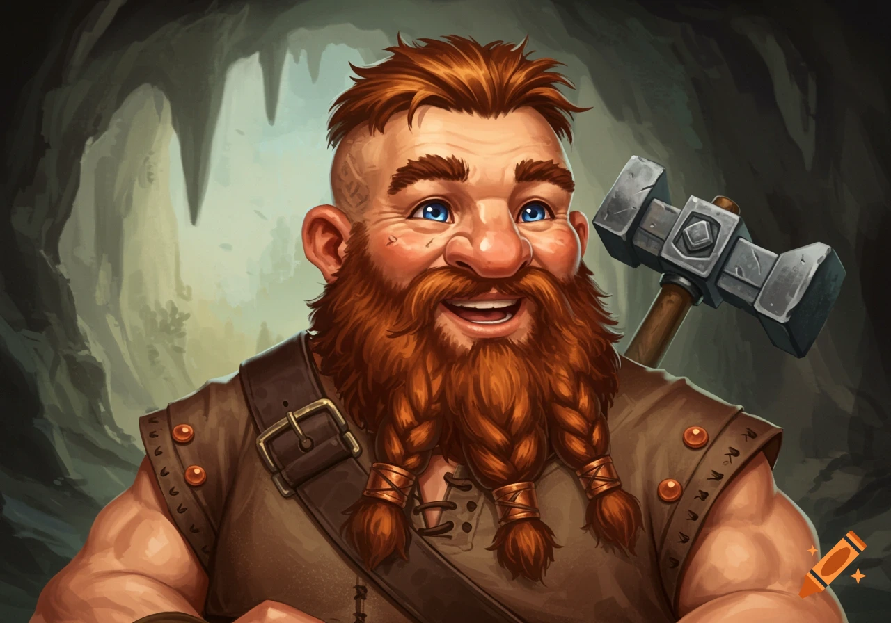 Illustration of a smiling young dwarf with a braided red beard and a ...