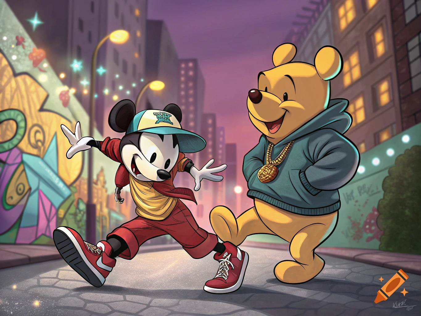 Mickey Mouse and Winnie the Pooh hip hop dancing on a city street. on ...