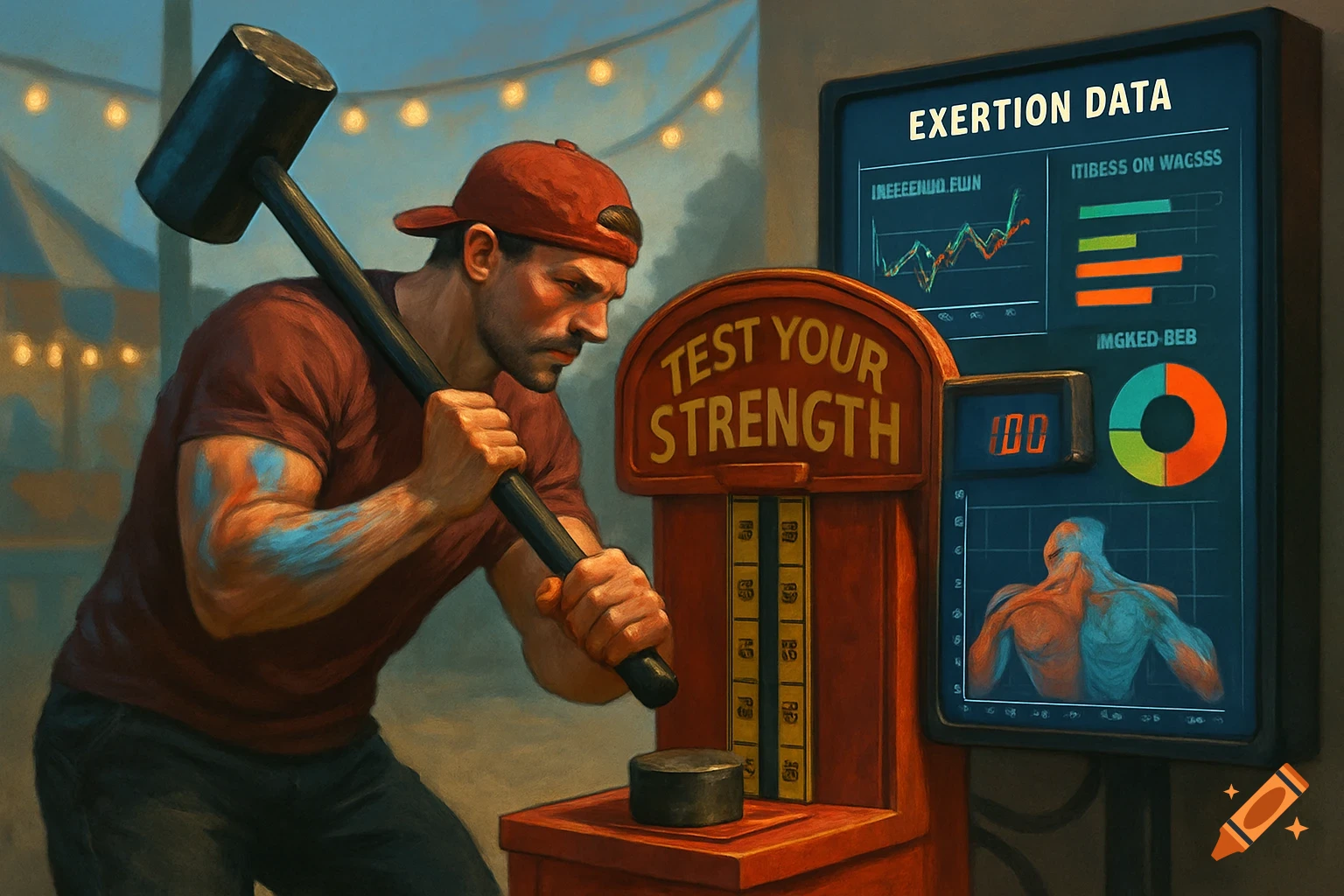A man in a red cap swings a hammer at a strength testing game with a ...