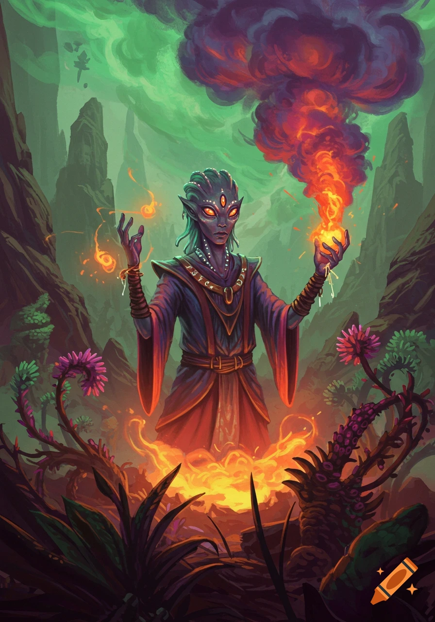 An alien sorcerer performs a fiery ritual in a strange landscape ...