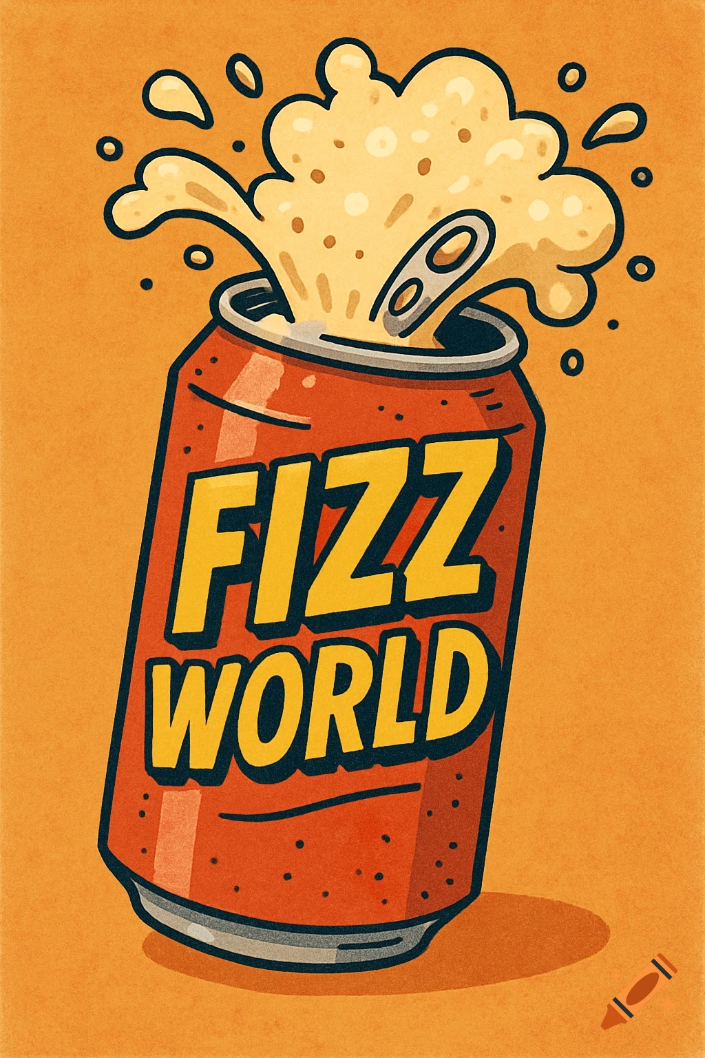A cartoon soda can bursts open with fizz and the words "FIZZ WORLD". on Craiyon