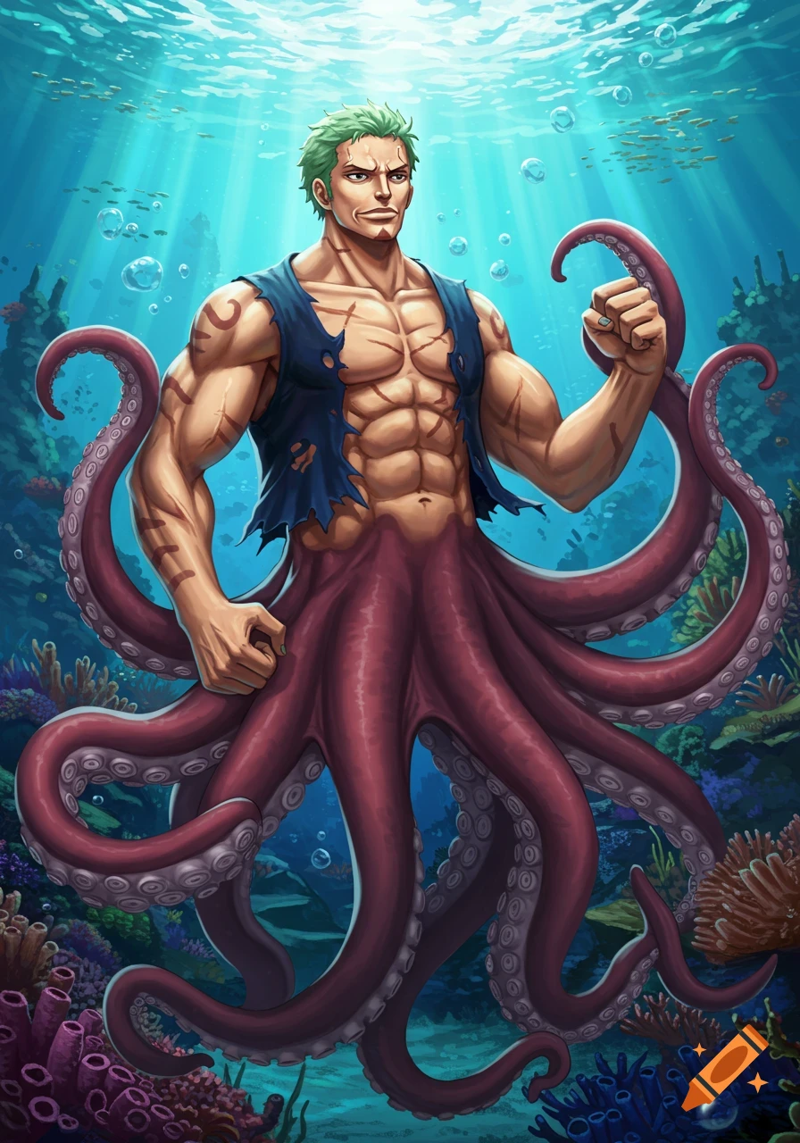 Muscular anime man with green hair and octopus tentacles stands ...