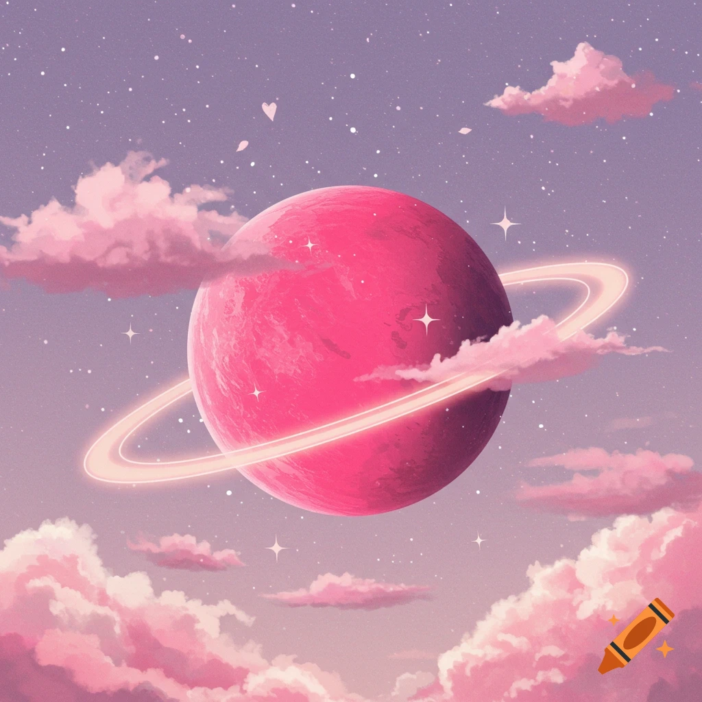 A hot pink planet with a ring surrounded by pink clouds and stars in a ...