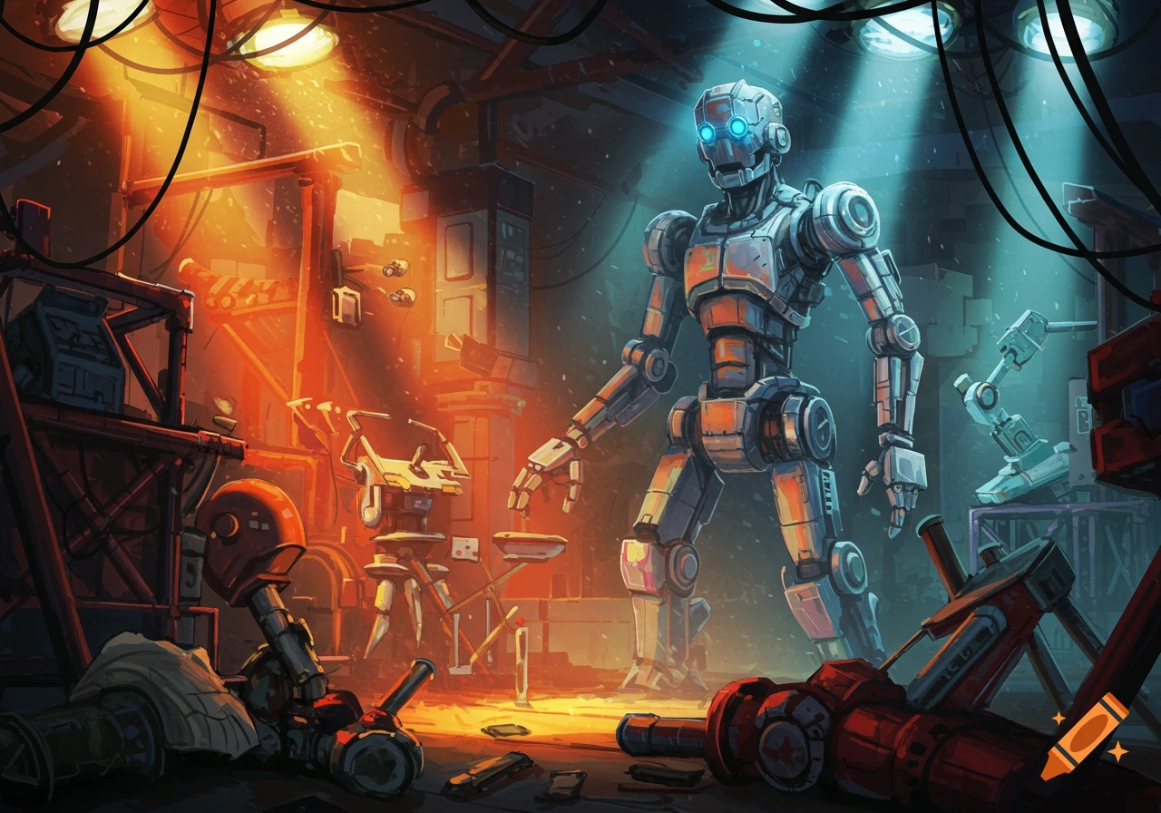 A large robot stands in a cluttered sci-fi workshop with dramatic ...