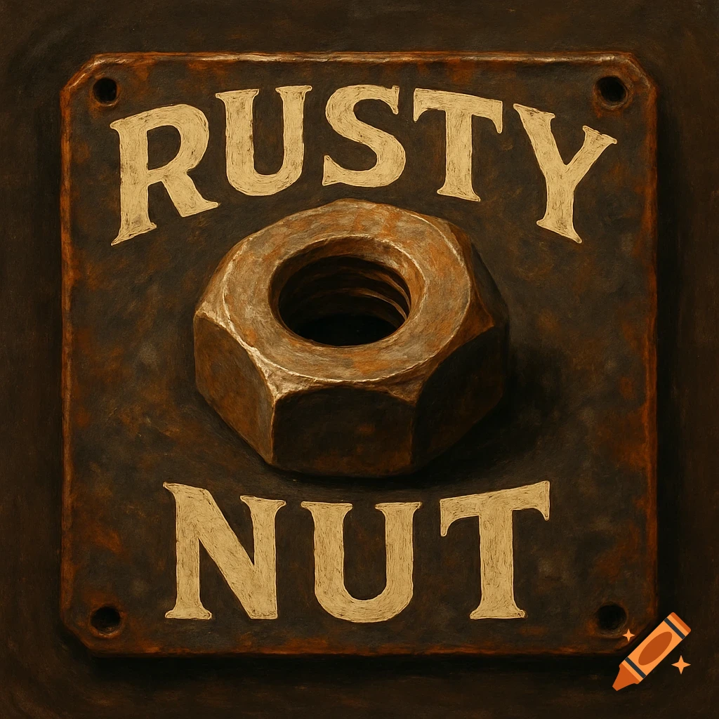 Illustration of a rusty nut on a metal plate with 'RUSTY NUT' text on ...