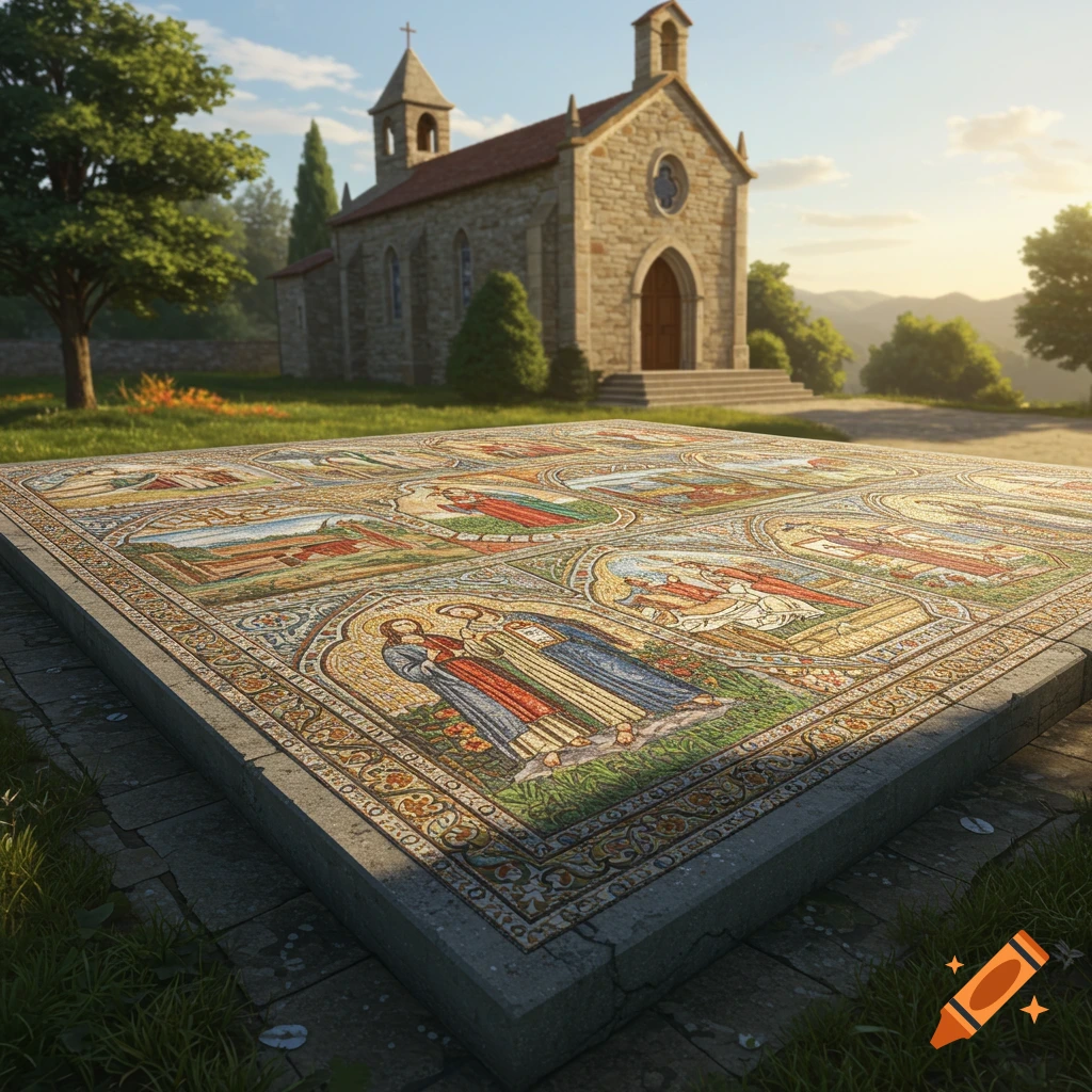 Detailed mosaic pad featuring religious scenes in front of a stone ...