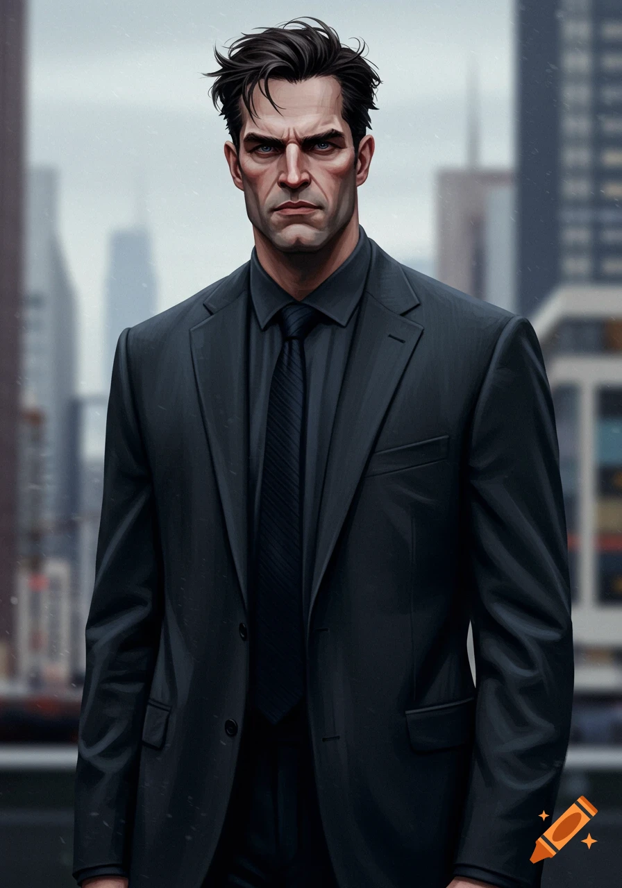 A stern man in a black suit and tie stands in front of a blurry city ...