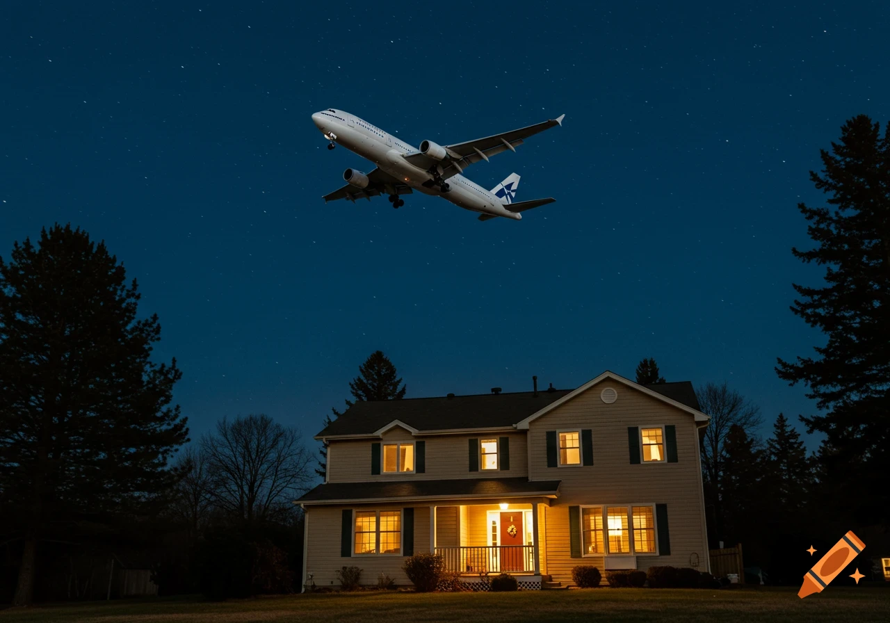 An airplane flies over a house at night under a starry sky. on Craiyon