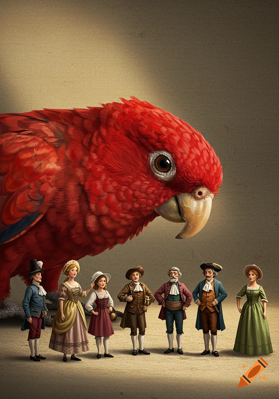 A giant red parrot looks down at several miniature people in historical ...