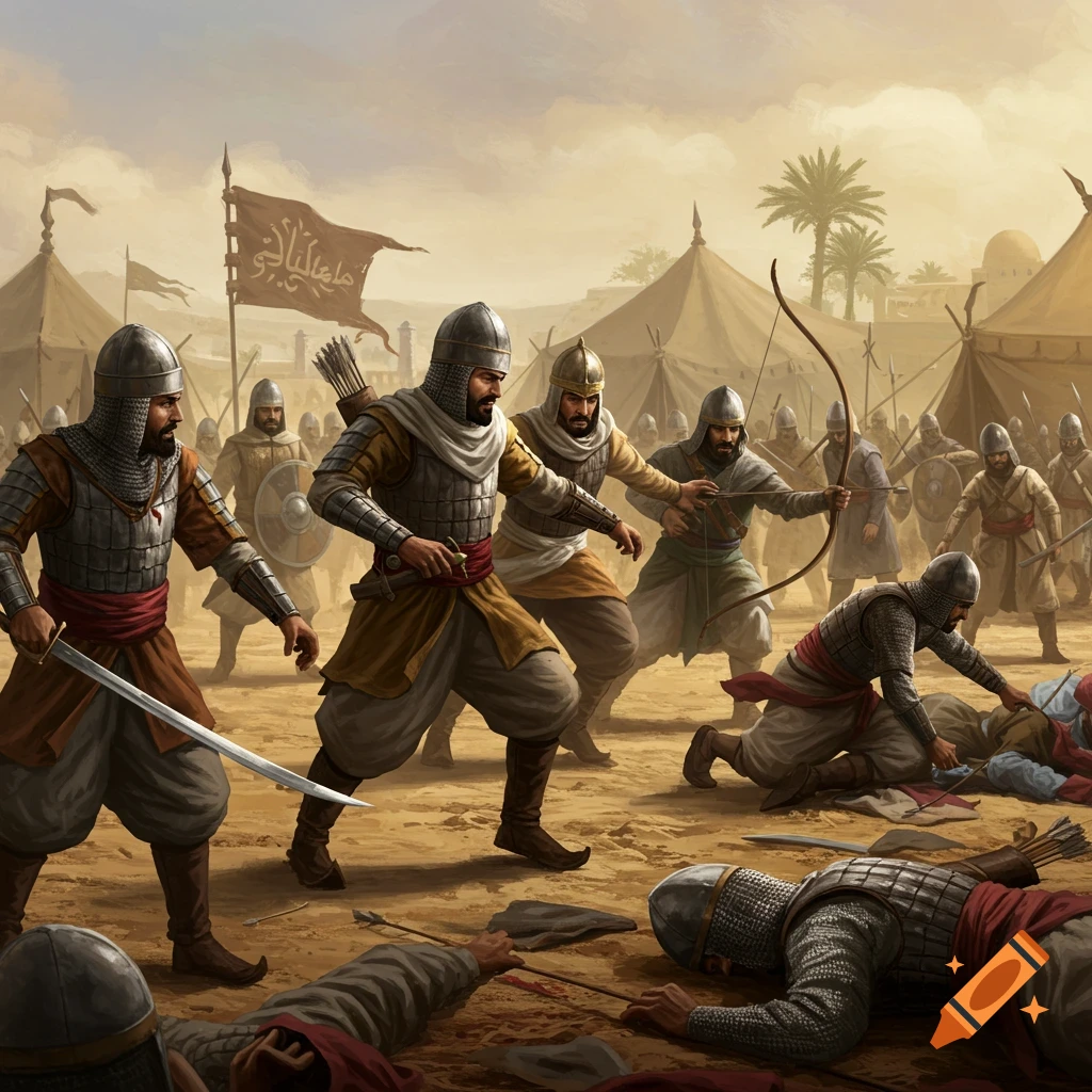Historical warriors in desert battle with swords and bows near tents ...