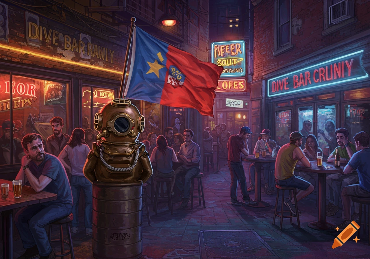 People outside a neon-lit dive bar at night with a diving helmet and ...