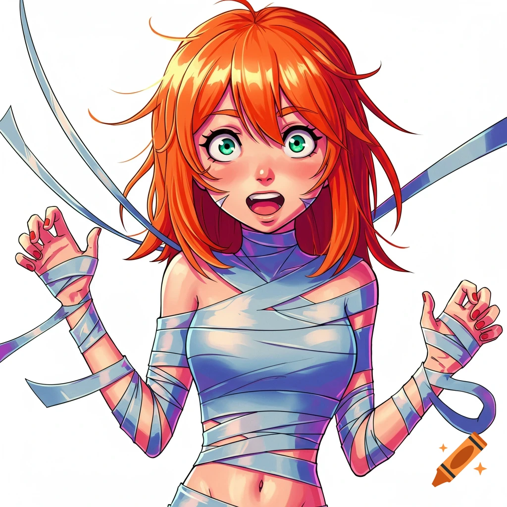 Orange-haired anime girl wrapped in bandages with a surprised ...