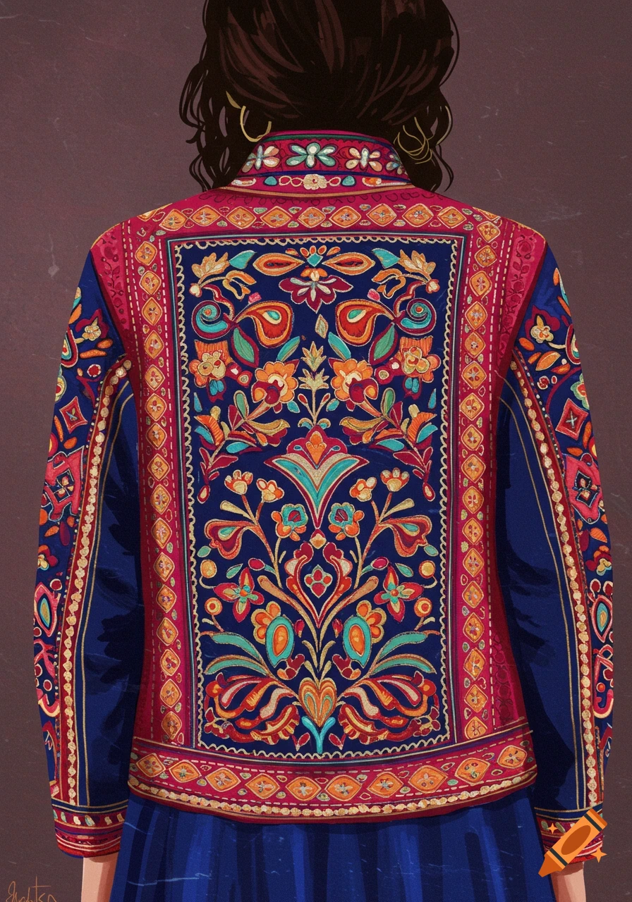 A person is shown from the back wearing a jacket with intricate ...