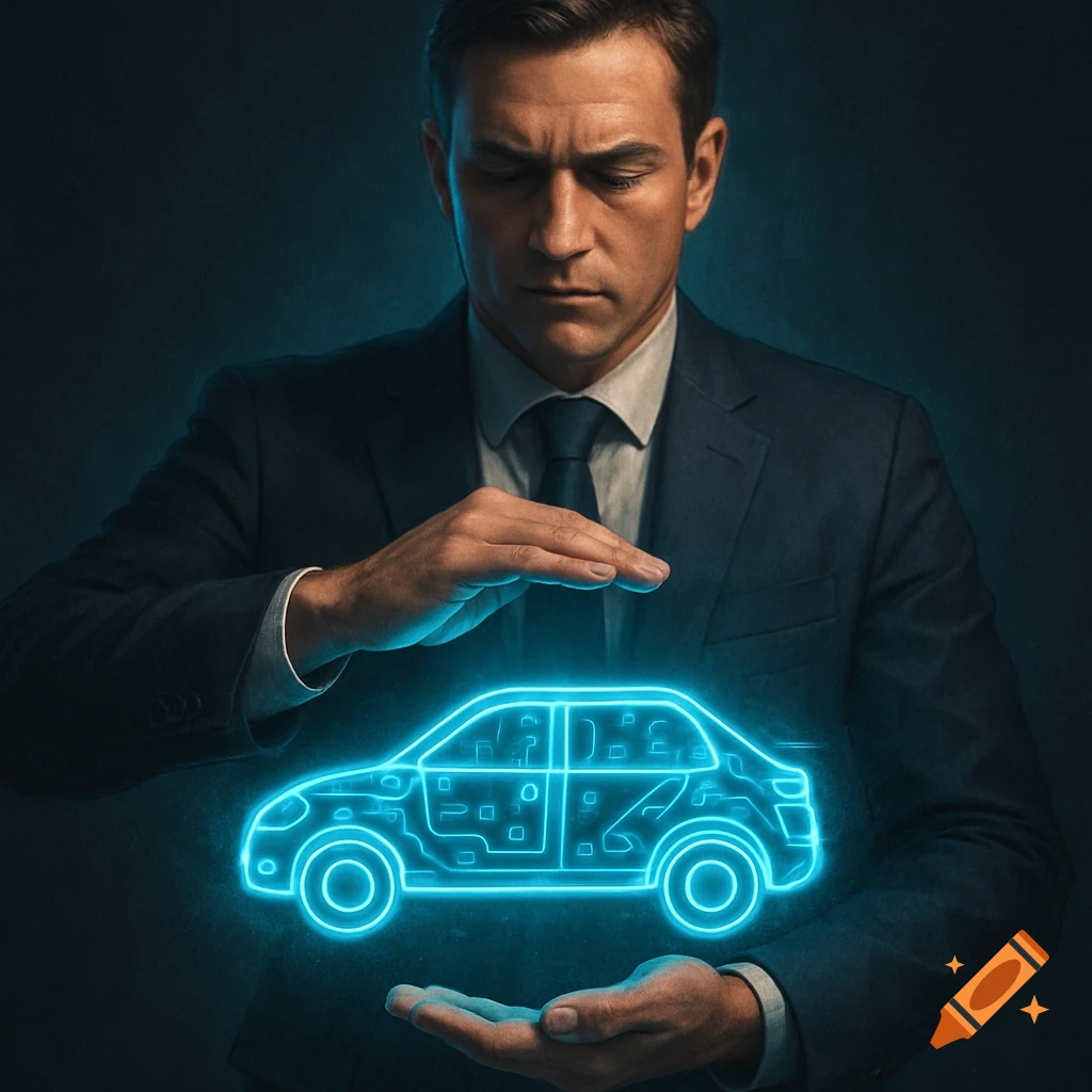 Businessman holding hands over a glowing blue digital car icon ...