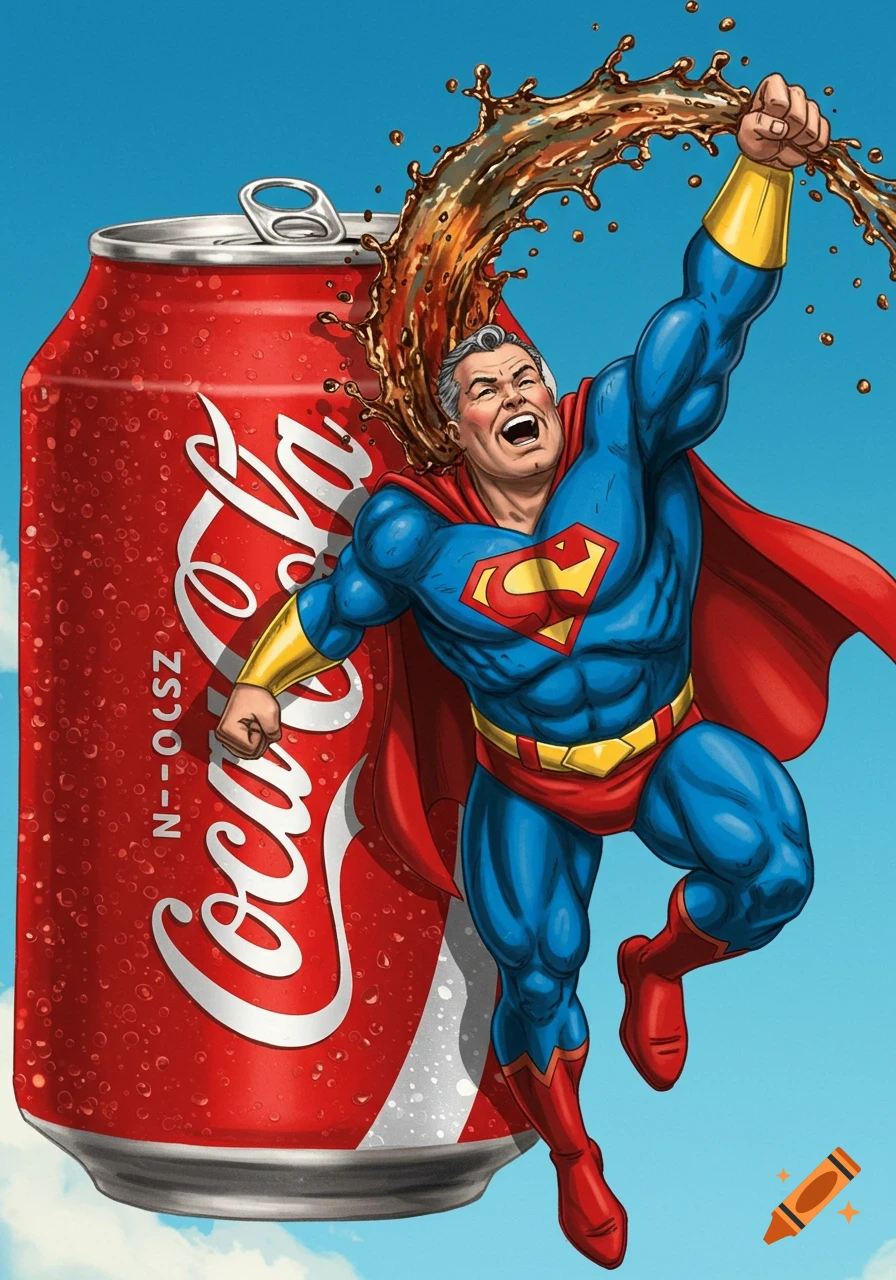 Comic art of a superhero breaking open a giant Coca-Cola can with ...