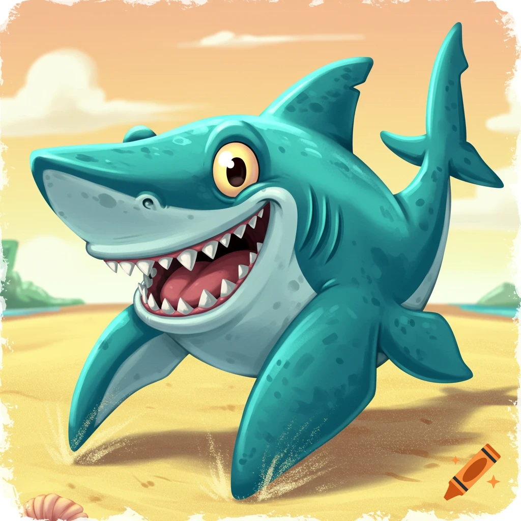 A cartoon illustration of a shark standing on a sandy beach, smiling ...