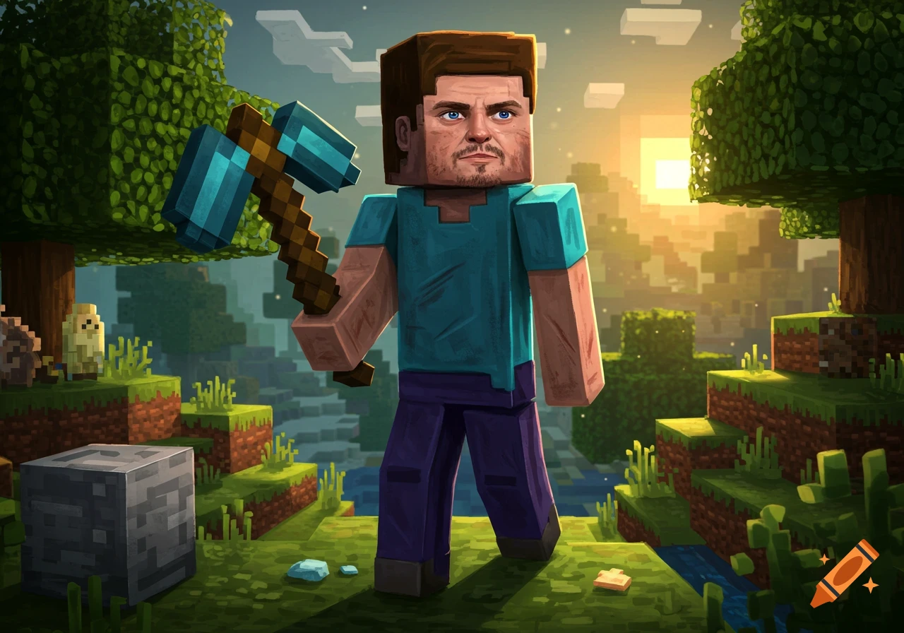 Live-action style Steve holding a diamond pickaxe in a Minecraft world ...