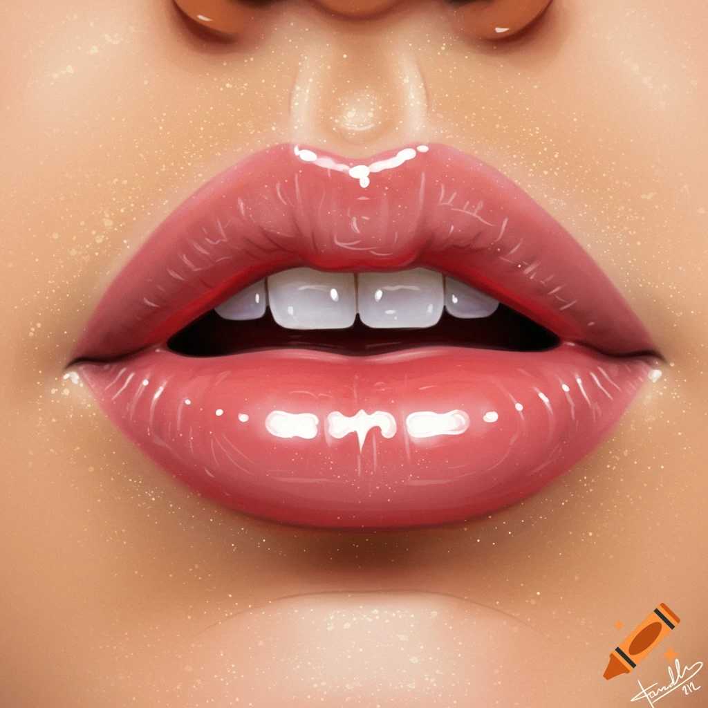 Close-up digital painting of glossy pink lips with teeth slightly ...