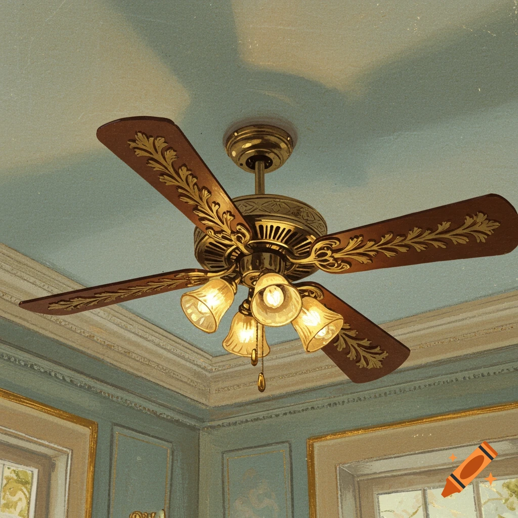 An ornate ceiling fan with decorative blades and three lights hangs ...