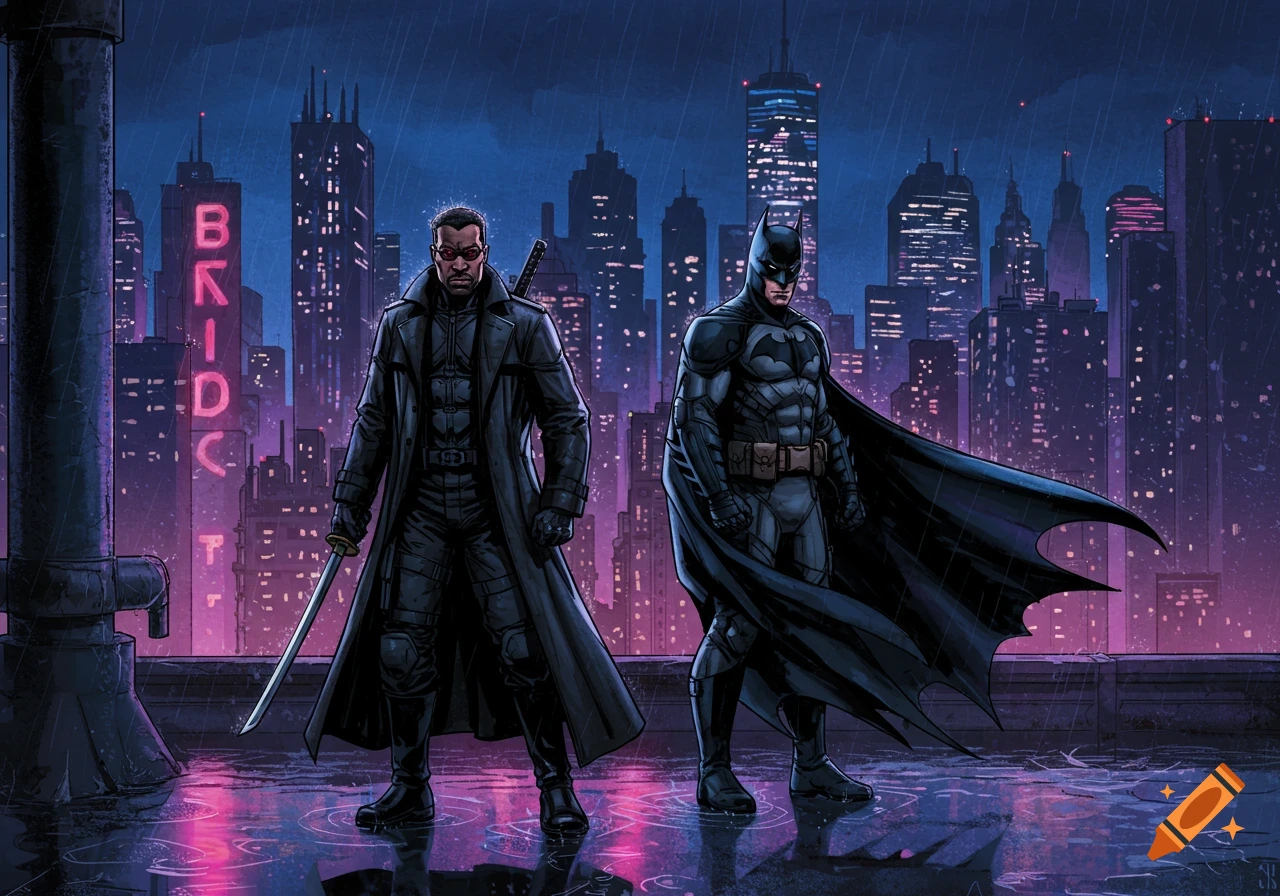 Blade and Batman stand on a rainy rooftop overlooking a neon-lit city ...