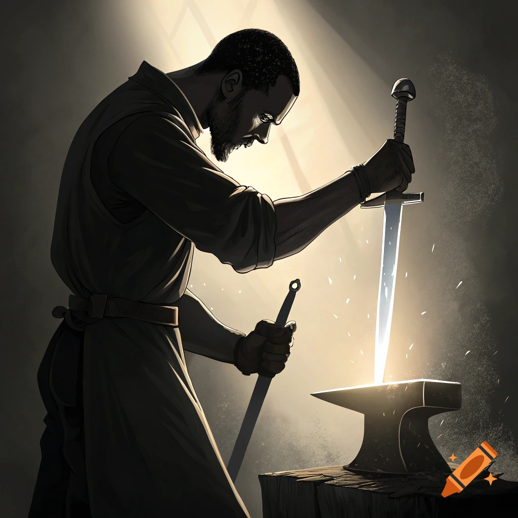 Man in silhouette sharpening a sword on an anvil, dramatic lighting. on ...