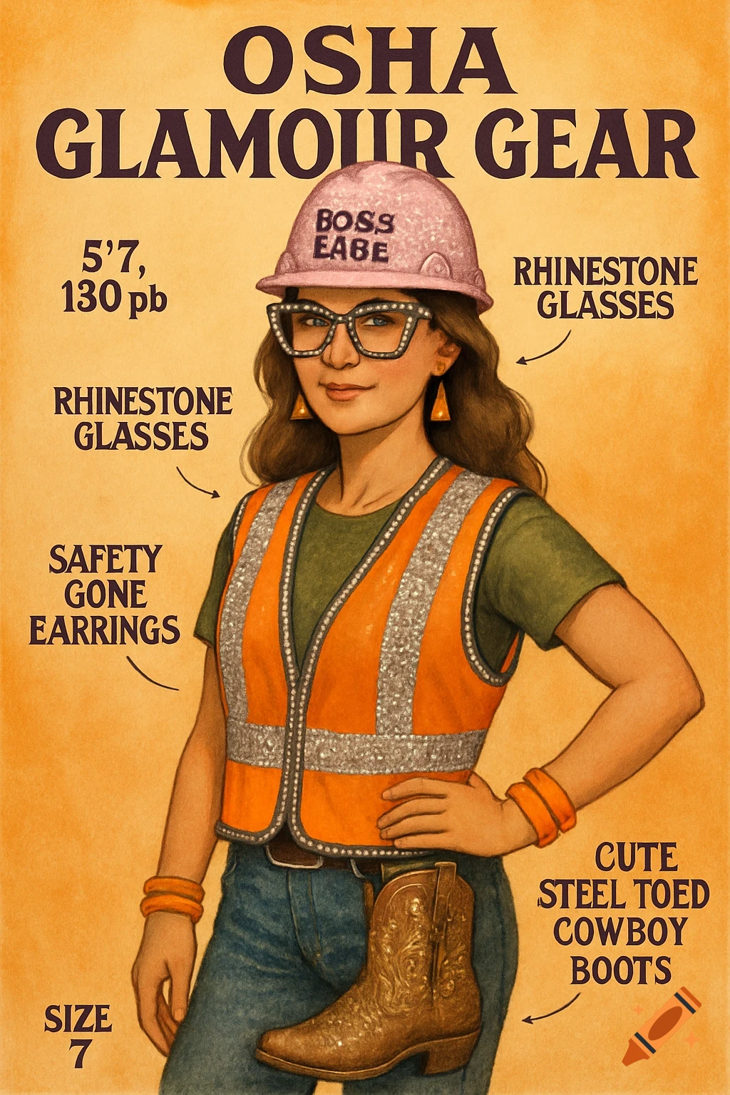An illustration of a woman in "OSHA Glamour Gear" wearing a pink hard ...