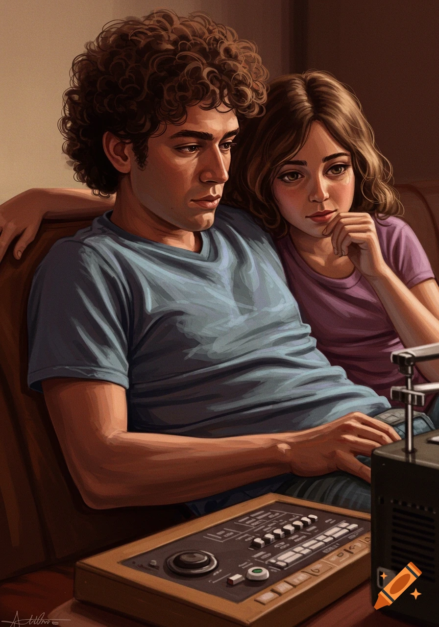 Painted illustration of a man and woman sitting on a couch looking at a ...