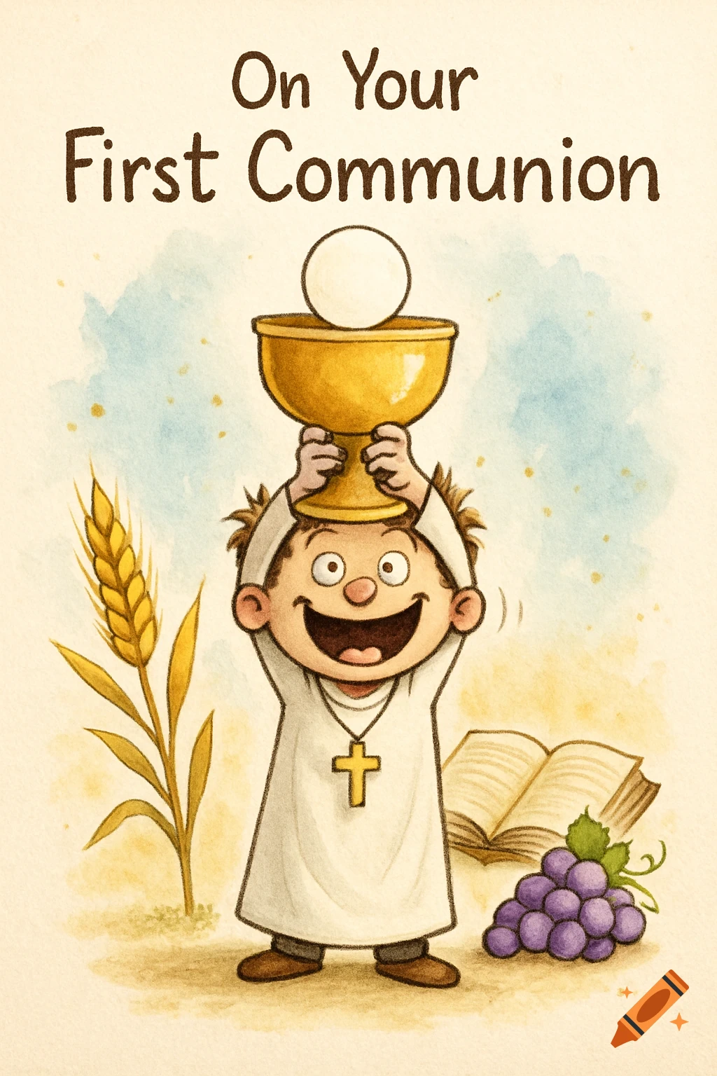 Cartoon child holding a chalice and host for First Communion, with ...