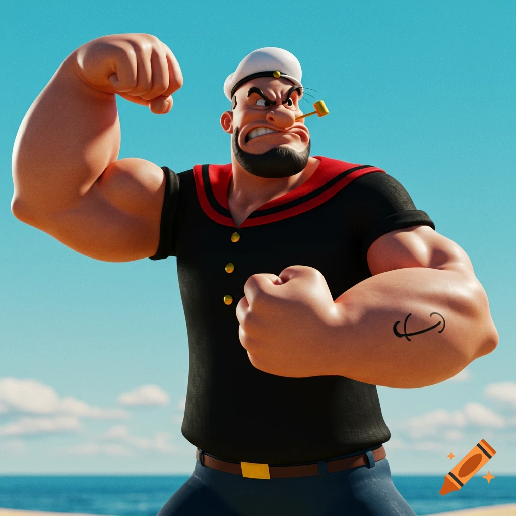 3D render of a muscular cartoon character flexing on a beach on Craiyon
